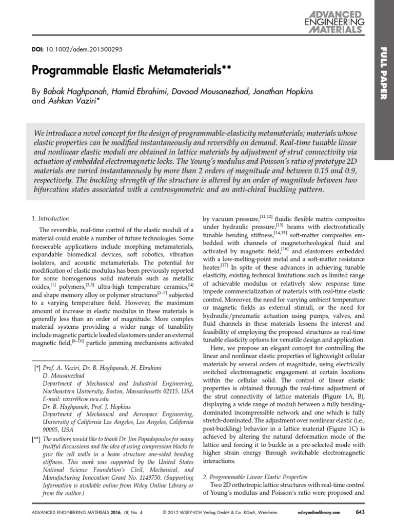 Programmable Elastic Metamaterials | PDF | Young's Modulus | Deformation (Engineering)