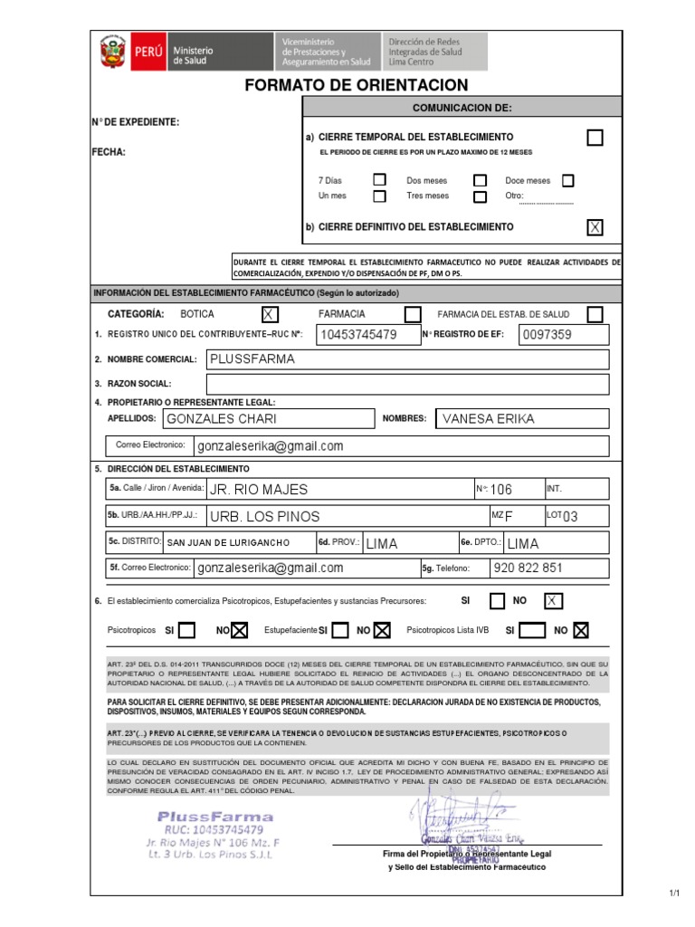 COMUNICACION DE CIERRE DEFINITIVO Botica PLUSSFARMA | PDF | Farmacia ...