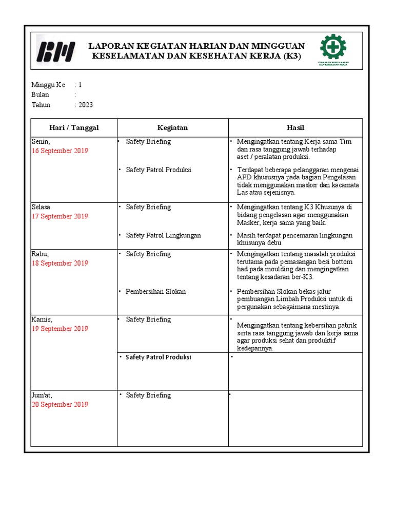 Draf LAPORAN - HARIAN - DAN - MINGGUAN K3 | PDF | Bisnis