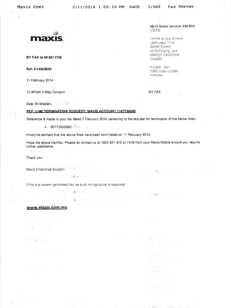 Maxis Letter Termination Line Request Acount No. 1107790642 | PDF