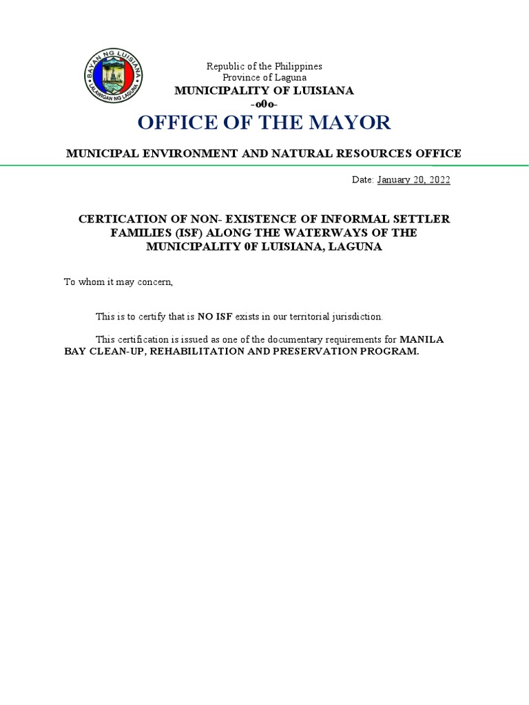 Certification of Non-Existence of ISF | PDF