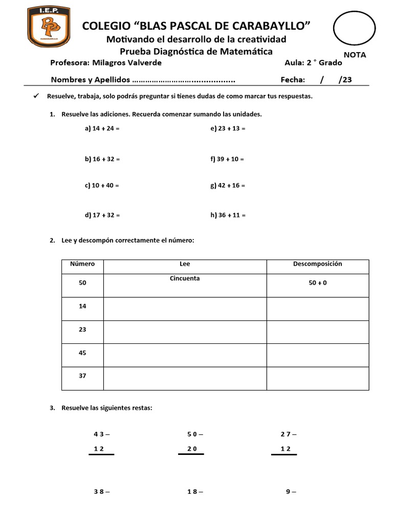 Prueba Diagnóstica de Matemáticas 2° Grado | PDF