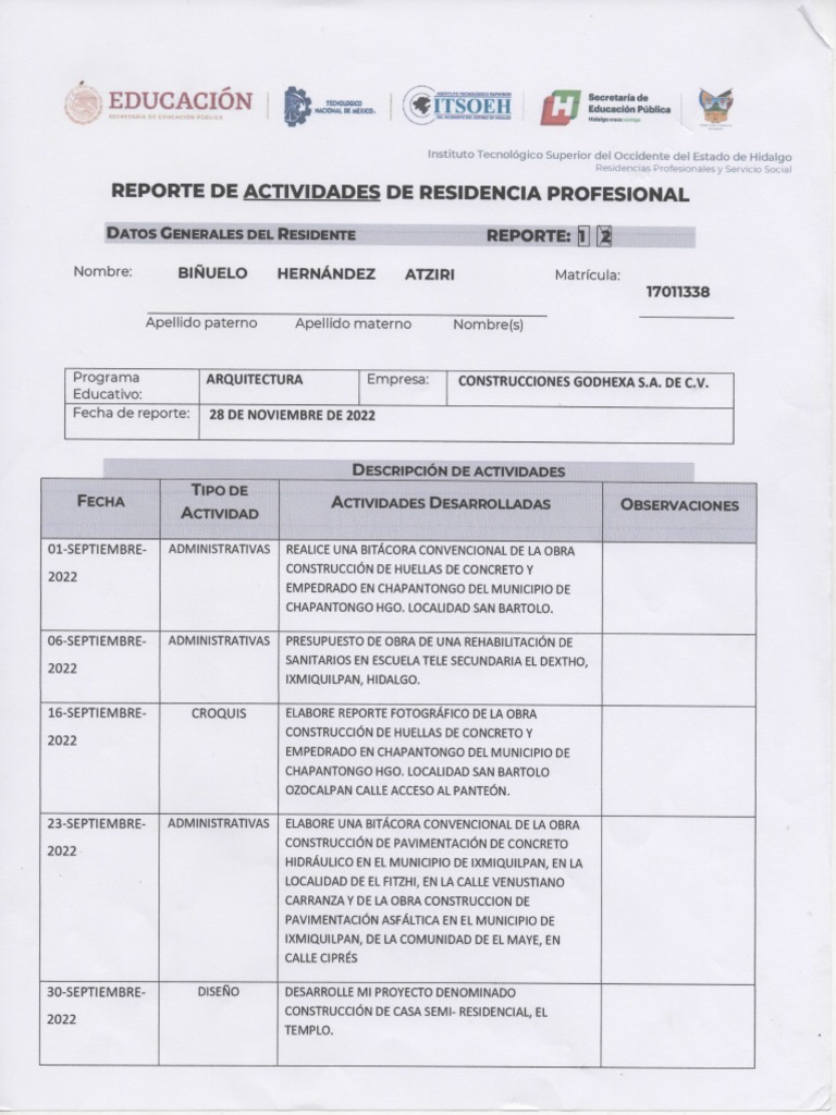 2 . Evaluación Parcial (Formato de Reporte de Actividades de Residencia Profesional) | PDF