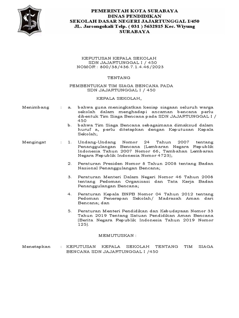 Pembentukan Tim Siaga Bencana SDN Jajartunggal I | PDF