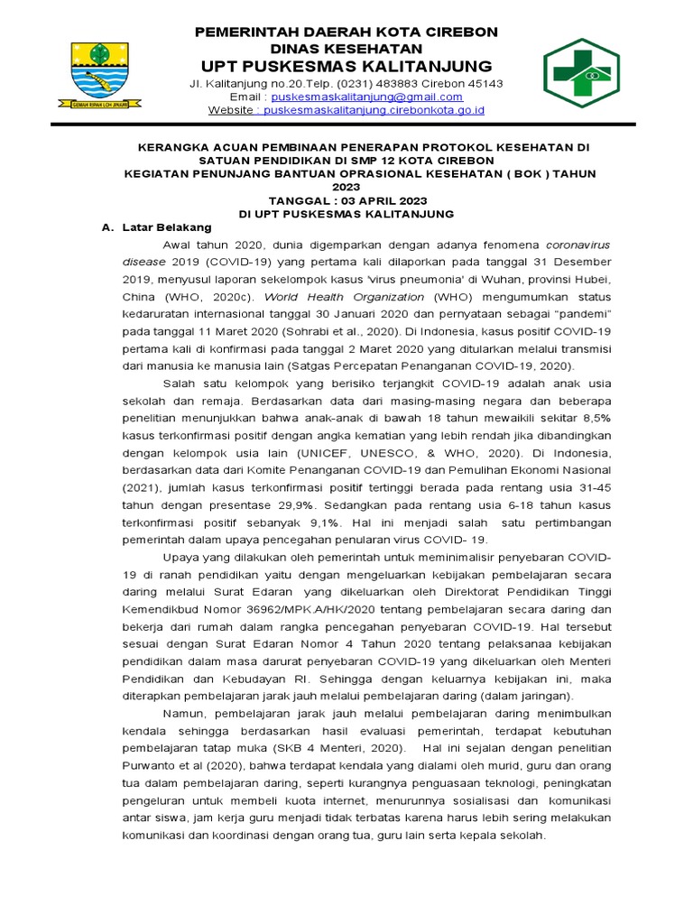 Kerangka Acuan Kegiatan Prokes Di Sekolah SMPN 12 Tahun 2023 | PDF