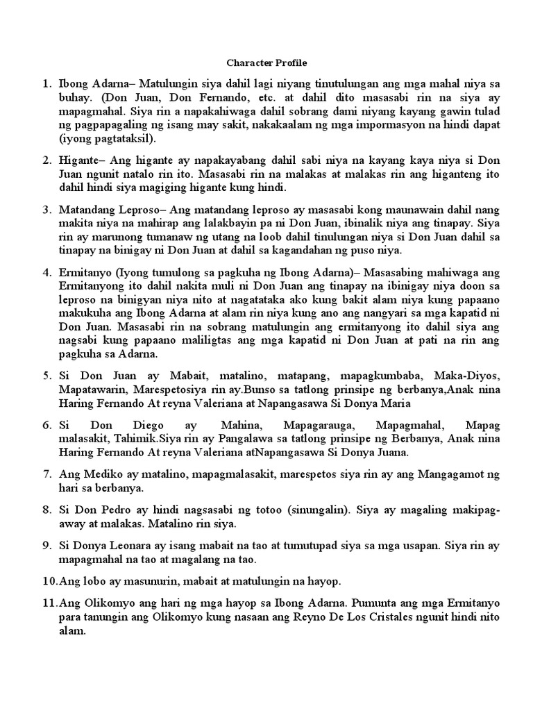 Character Profile Ibong Adarna | PDF