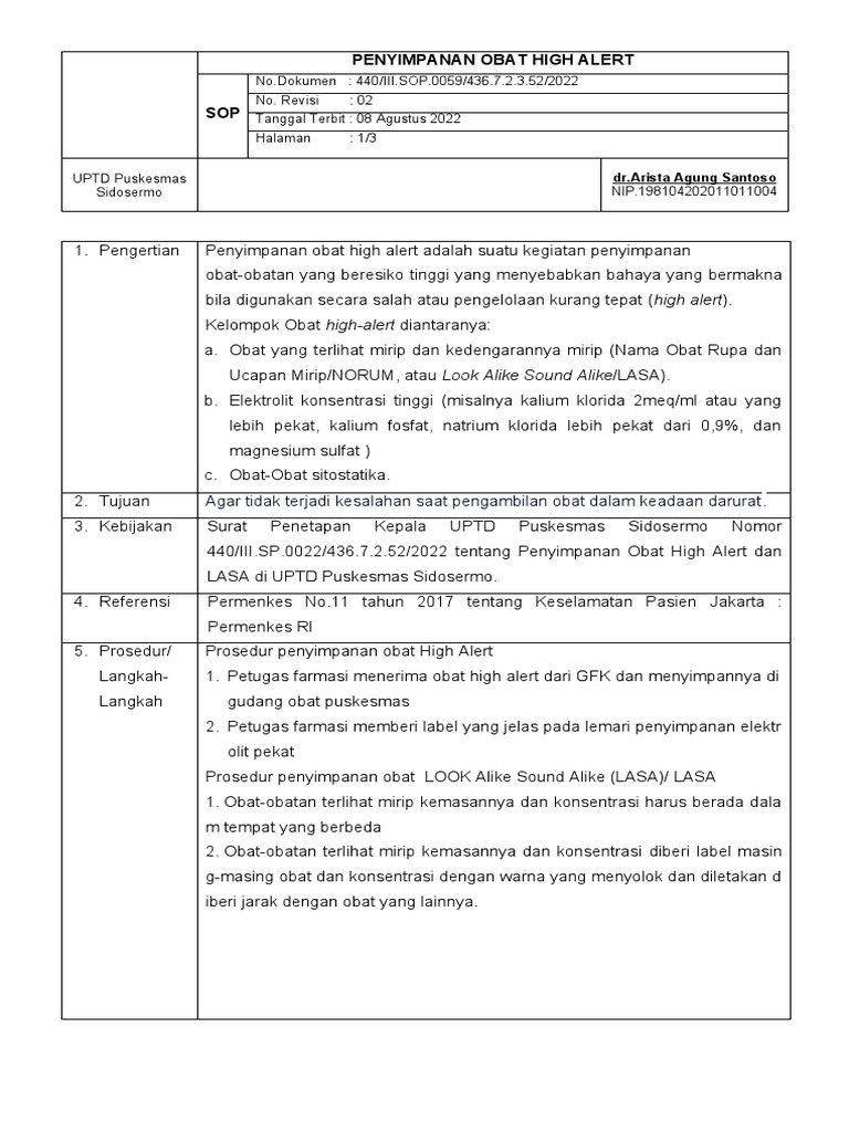 SOP Penyimpanan Obat High Alert dan LASA | PDF