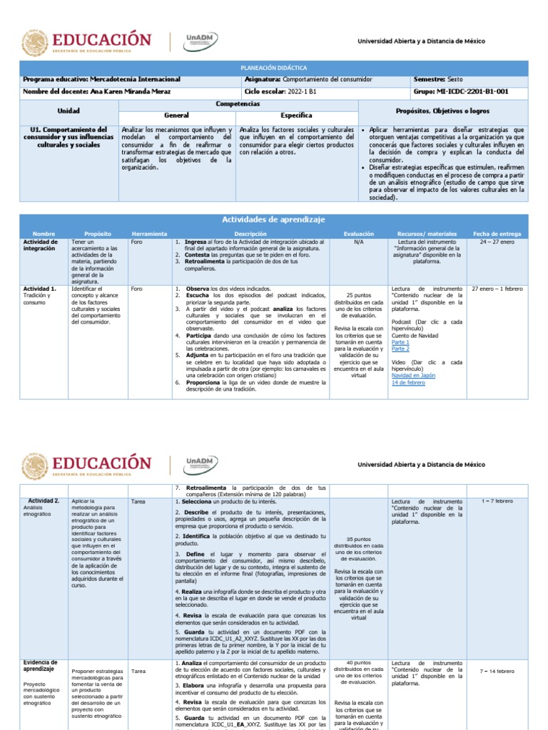 Planeación Didactica U1 | PDF | Comportamiento | Evaluación
