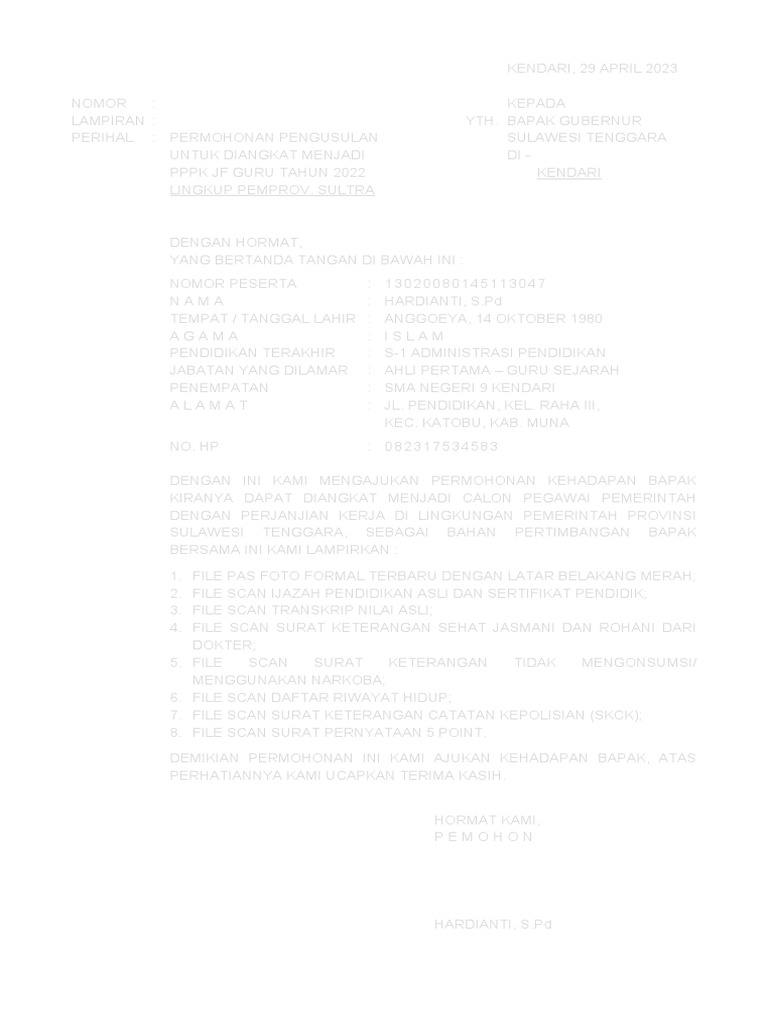 Surat Lamaran Pemberkasan Hardianti | PDF | Hukum