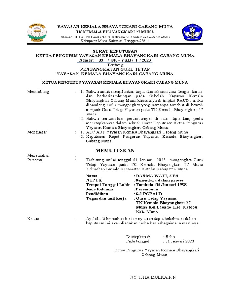 Skep Sekolah TK - KB 27 Muna | PDF