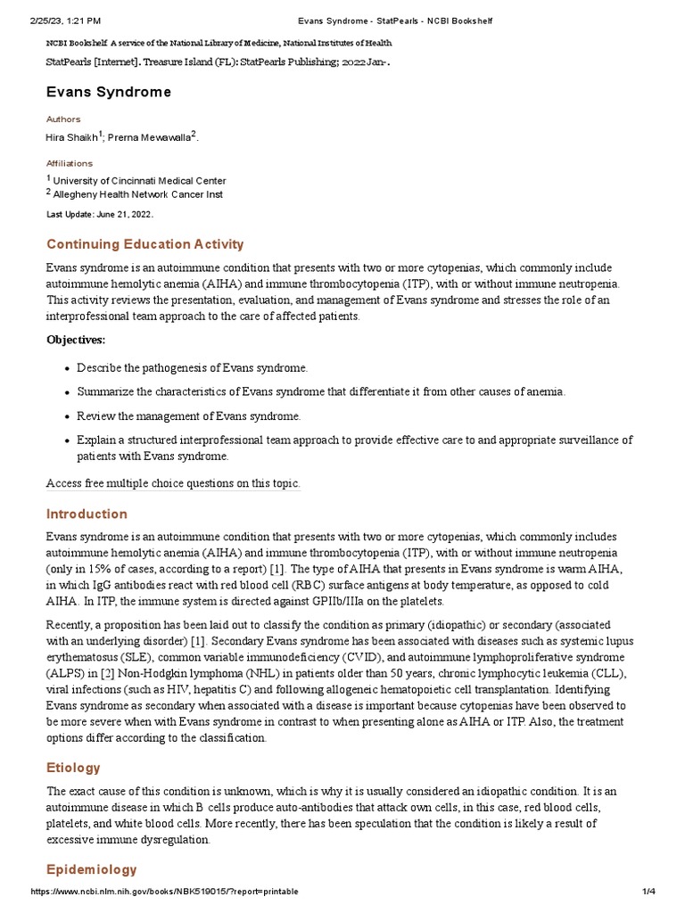 Evans Syndrome - StatPearls - NCBI Bookshelf | PDF | Hematology ...