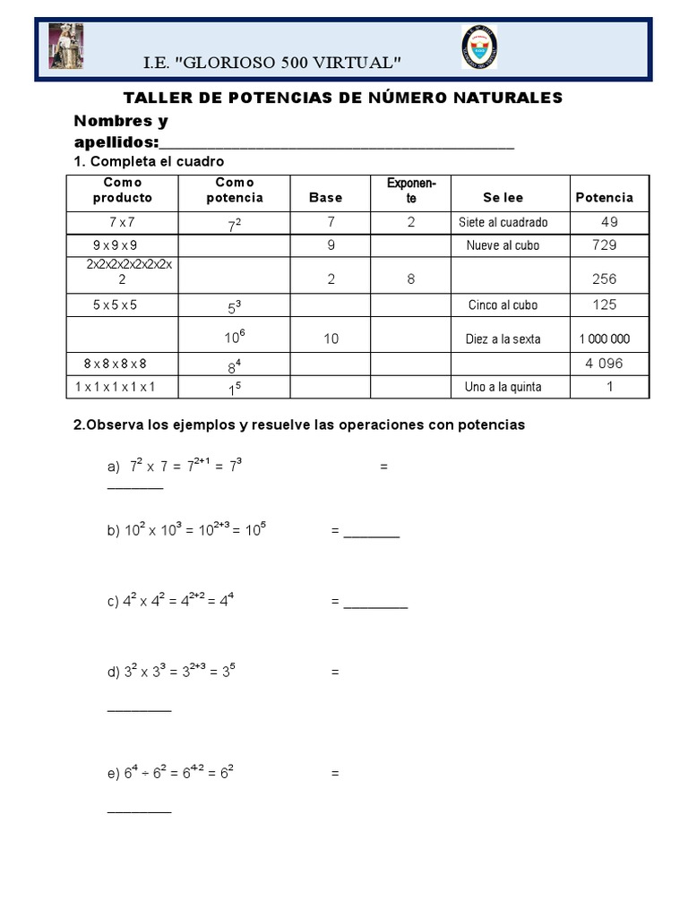 Taller de Potencias de Número Naturales | PDF