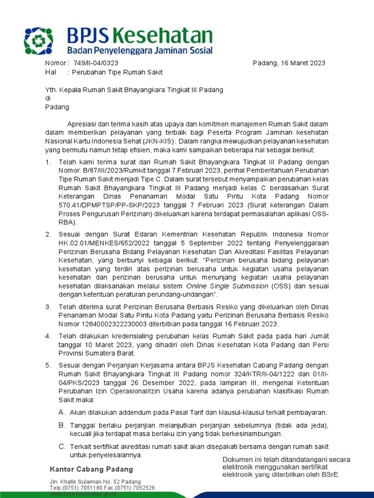 749 Fix TTD Surat Persetujuan Kelas RS Bhayangkara Padang | PDF