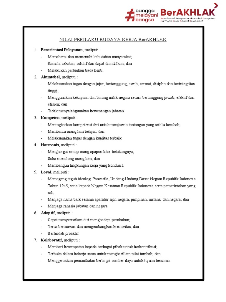 Nilai Perilaku Budaya Kerja BerAKHLAK | PDF