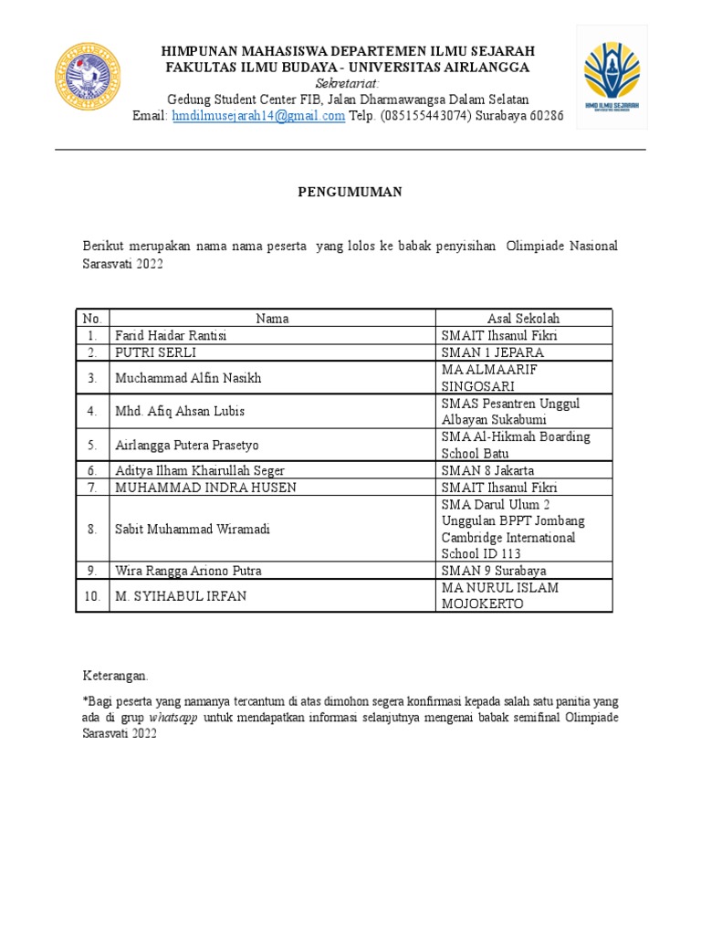 Pengumuman Peserta Lolos Semifinal Olimpiade Sarasvati 2022 | PDF