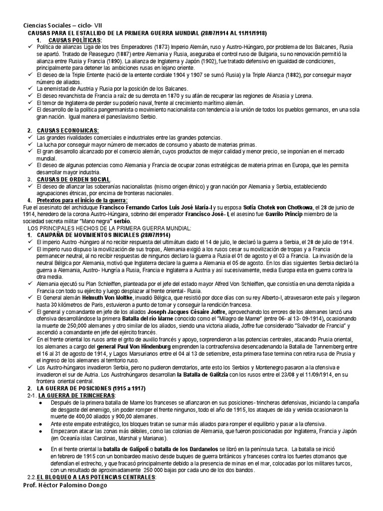 CAUSAS y PRINCIAPLES HECHOS DE LA PRIMERA GUERRA MUNDIAL | PDF ...