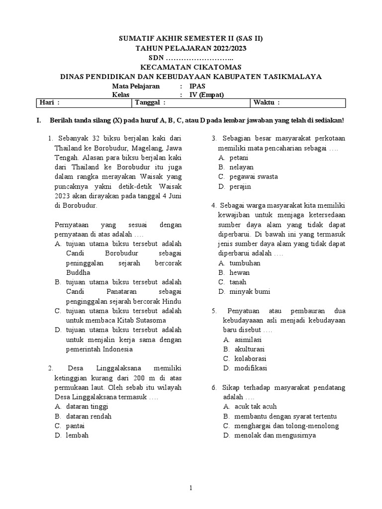 Draf Soal - Kunci Jawaban - Mapel Ipas - Kelas 4 - Semester 2 - Kurikulum Merdeka | PDF