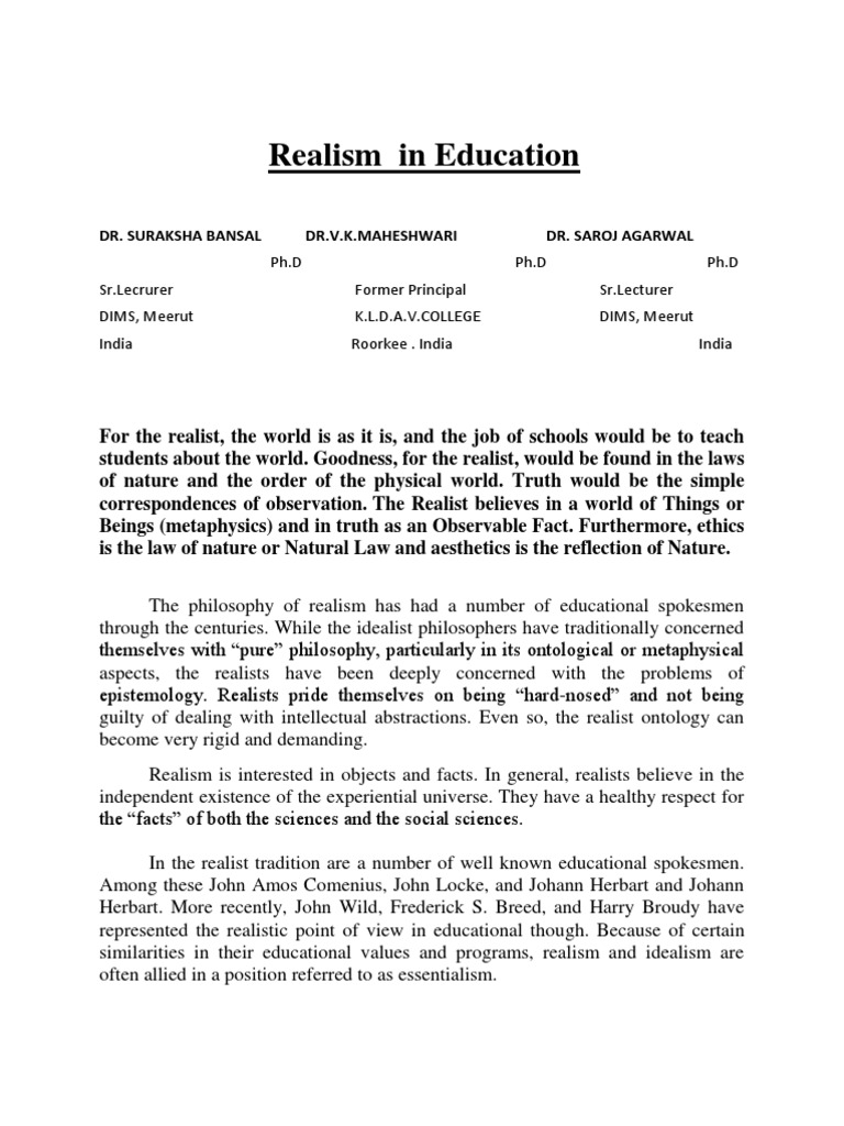 Realism in Education | PDF | Philosophical Realism | Object (Philosophy)