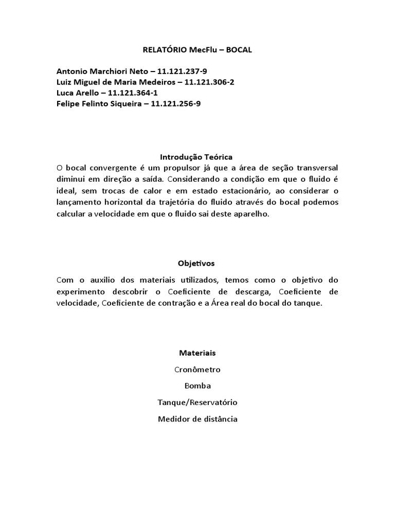 RELATÓRIO MecFlu BOCAL | PDF | Mecânica de continuidade | Engenharia Mecânica