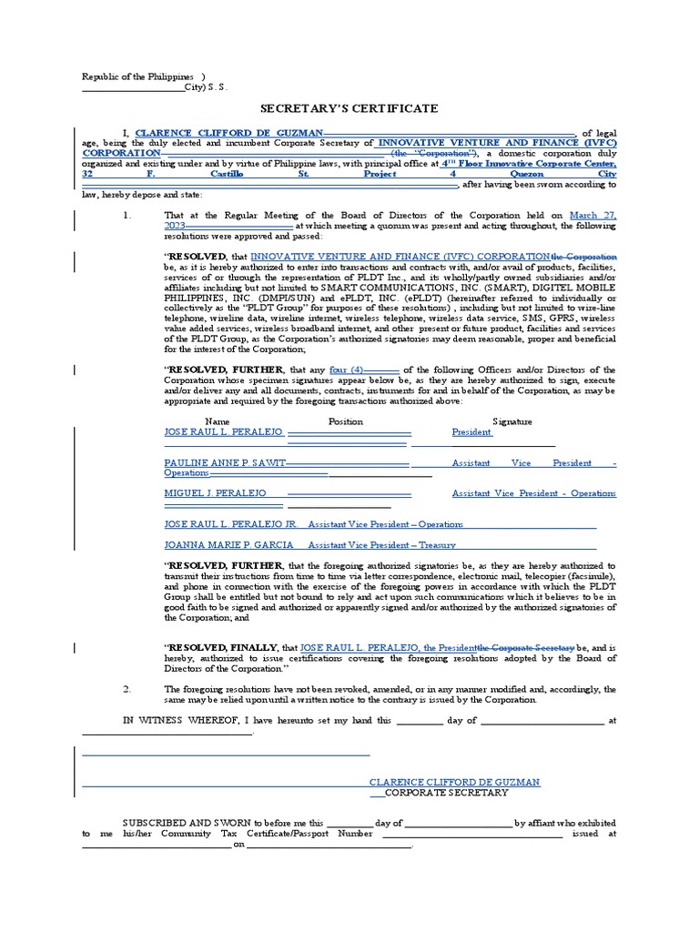 Omnibus Secretary's Certificate | PDF | Telecommunications | Service ...