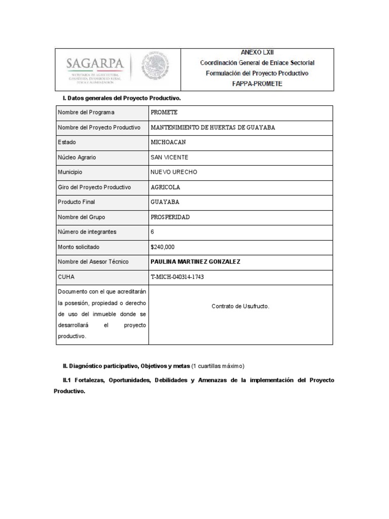 Anexo Lxii Formulación Del Proyecto Productivo Fappa - Promete ...