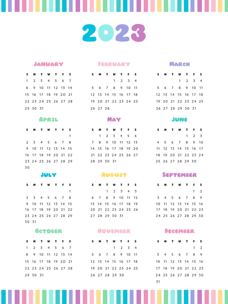 Pastel Rainbow Sunday Start 2023 Yearly Calendar | PDF