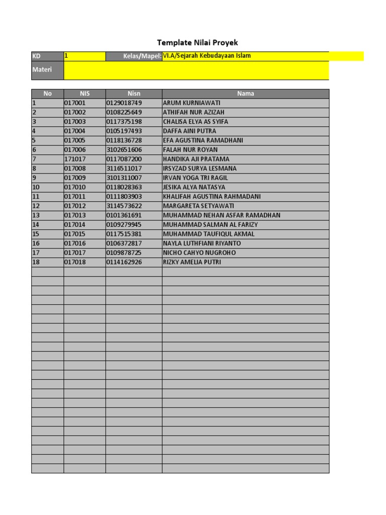 Template Nilai Proyek Sejarah VI.A | PDF