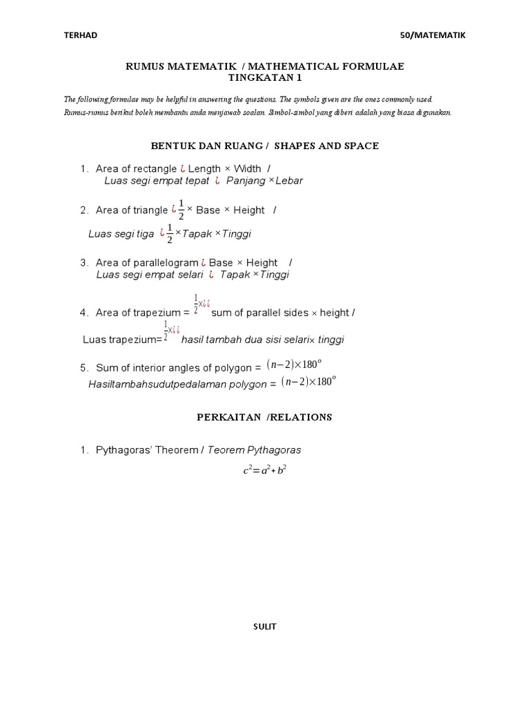 Formula Matematik f1f2f3 | PDF | Area | Circle