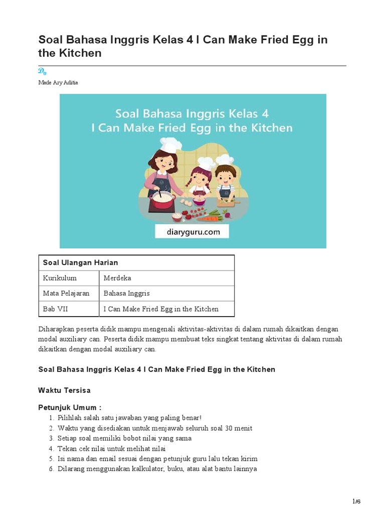 05 - Soal Bahasa Inggris Kelas 4 I Can Make Fried Egg in The Kitchen | PDF