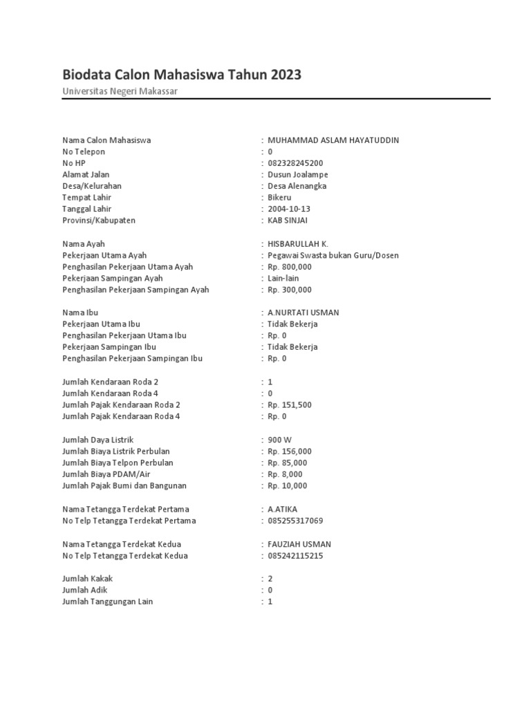 Biodata Calon Mahasiswa UNM | PDF