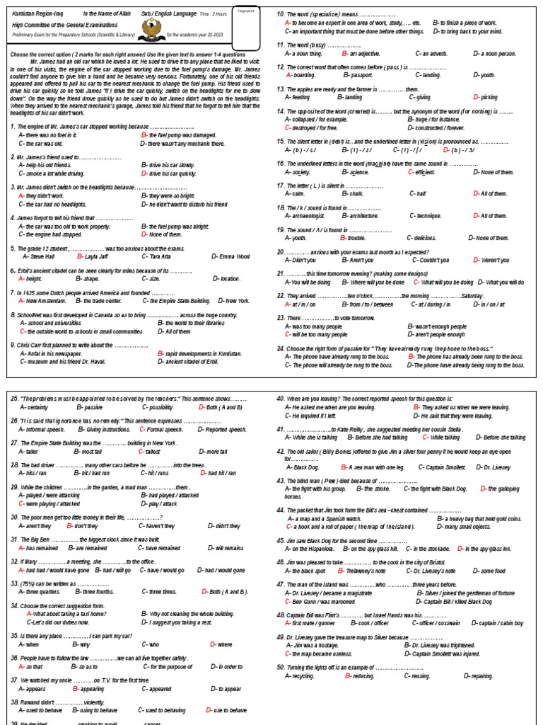 Kurdistan Preparatory Exam Questions | PDF