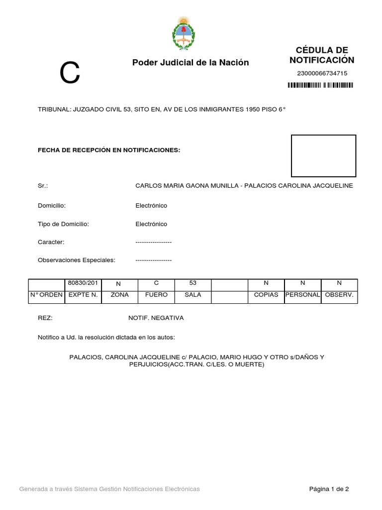 Poder Judicial de La Nación Cédula de Notificación | PDF | Justicia | Crimen y violencia