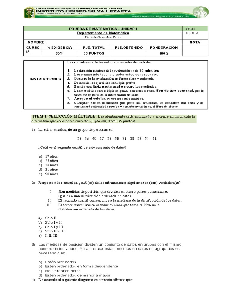 N°3 - Evaluación - 4to Medio - ELECTIVO - FILA UNICA | PDF | Cuantil ...