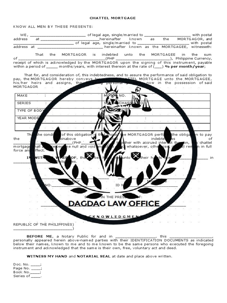 DEED Of Chattel Mortgage PDF Mortgage Law Justice