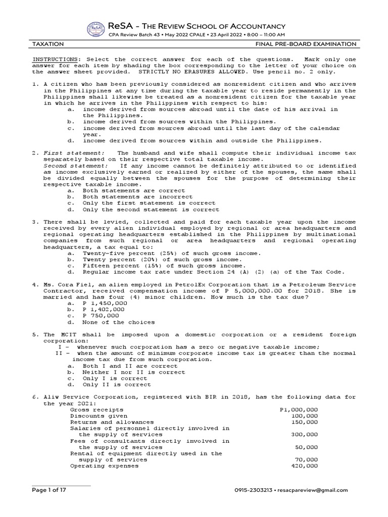 ReSA B43 TAX Final PB Exam - Questions, Answers & Solutions | PDF