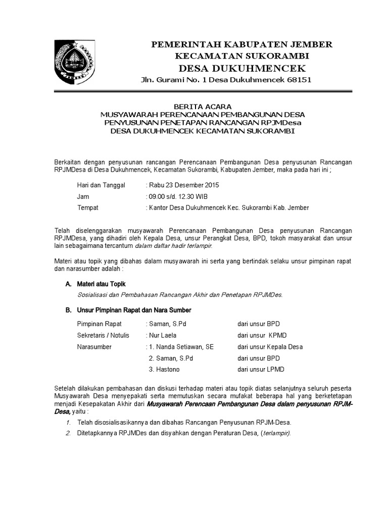 BA. Musdes Perencanaan Pemb. Desa Penyusunan Rac. RPJMDesa | PDF