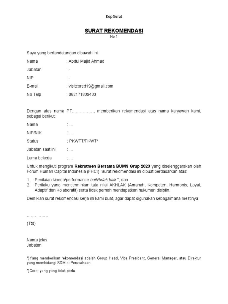 Template Surat Rekomendasi | PDF