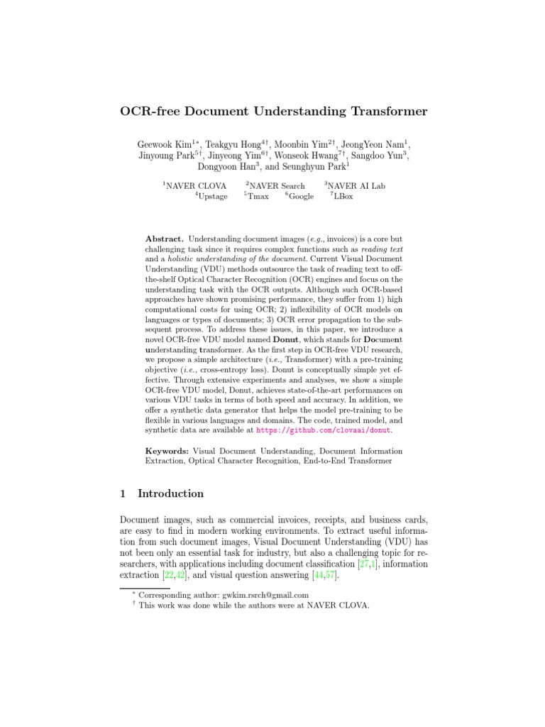 OCR-free Document Understanding Transformer | PDF | Optical Character Recognition | Information ...