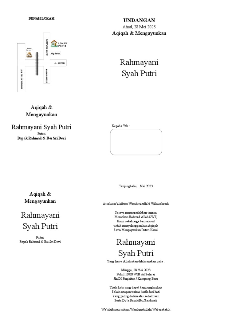 Undangan Aqiqah Rahmayani Syah Putri | PDF