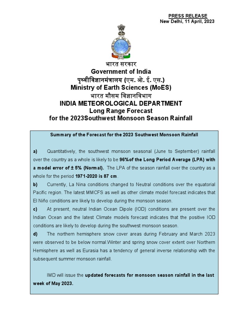 Press Release On Monsoon 2023 | PDF | Rain | Forecasting