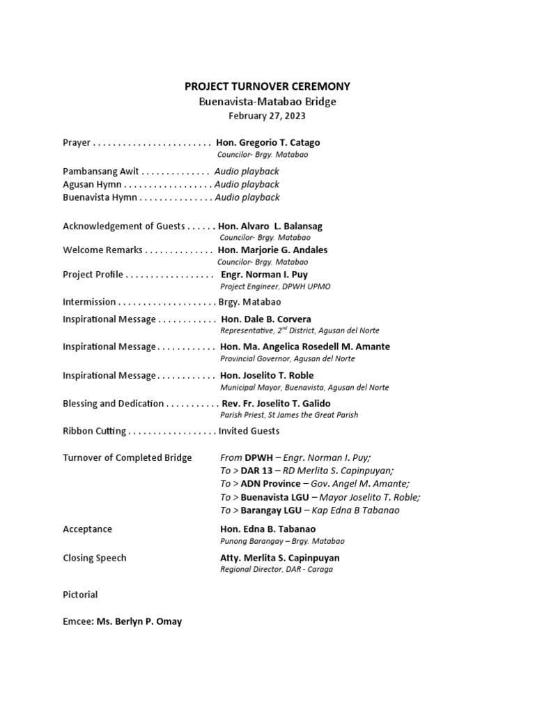 PROGRAM TURNOVER - Buena Matabao Bridge | PDF