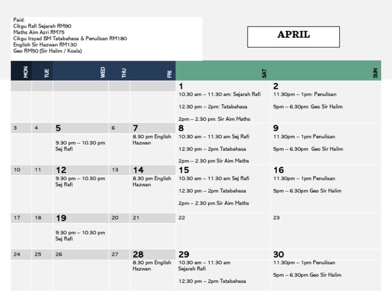 April Tuition Class Schedule | PDF