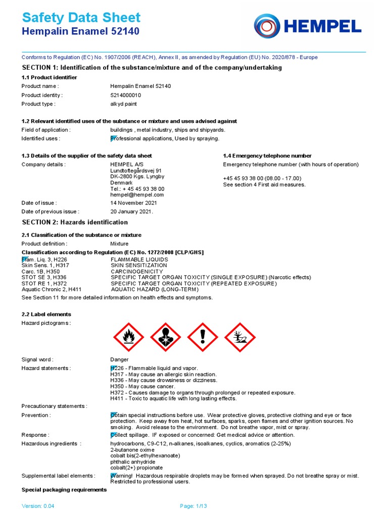 Hempalin Enamel 52140 MSDS | PDF | Chemistry | Occupational Safety And Health