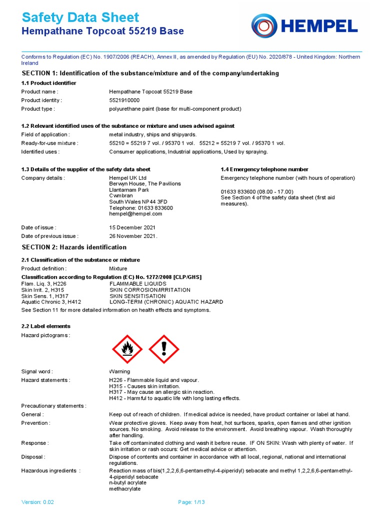 Safety Data Sheet: Hempathane Topcoat 55219 Base | PDF