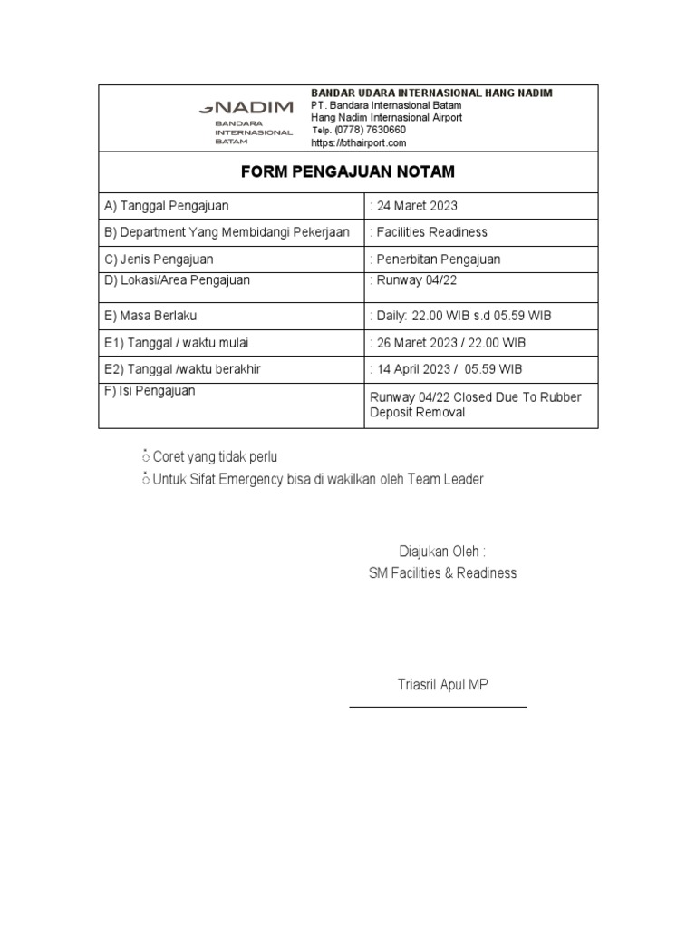 FORM PENGAJUAN NOTAM Rubber | PDF
