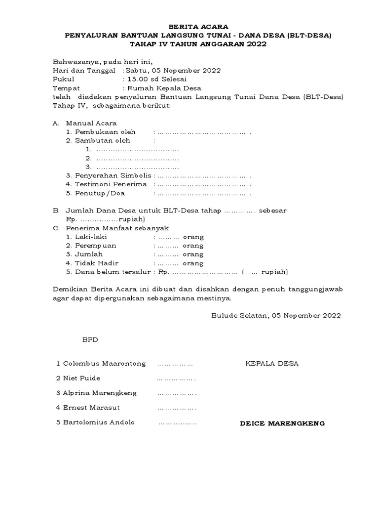 Berita Acara Penyaluran - BLT-DD | PDF