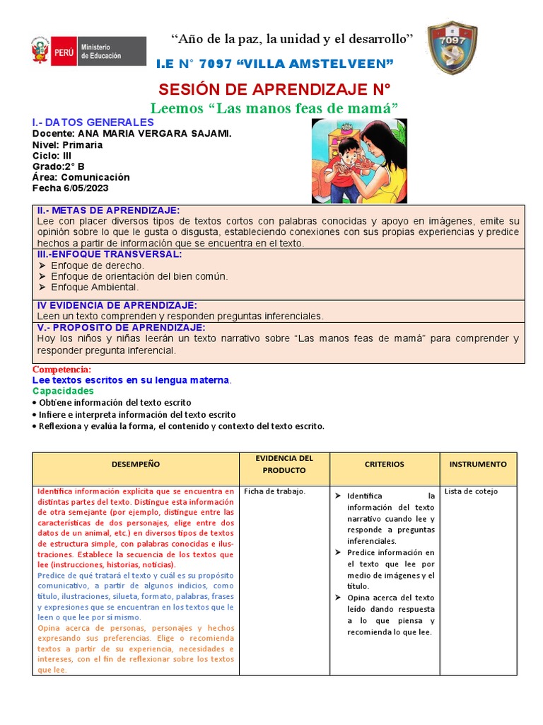 Sesion PLan Lector Las Manos Feas de Mamá. | PDF | Aprendizaje ...