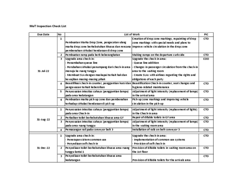 MoT Inspection Check List | PDF | Transport | Aviation