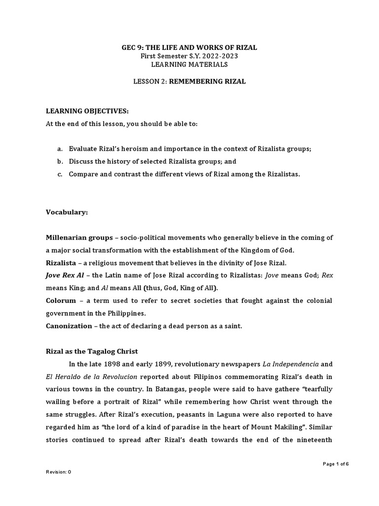 Lesson 2 Remembering Rizal | PDF | Philippines