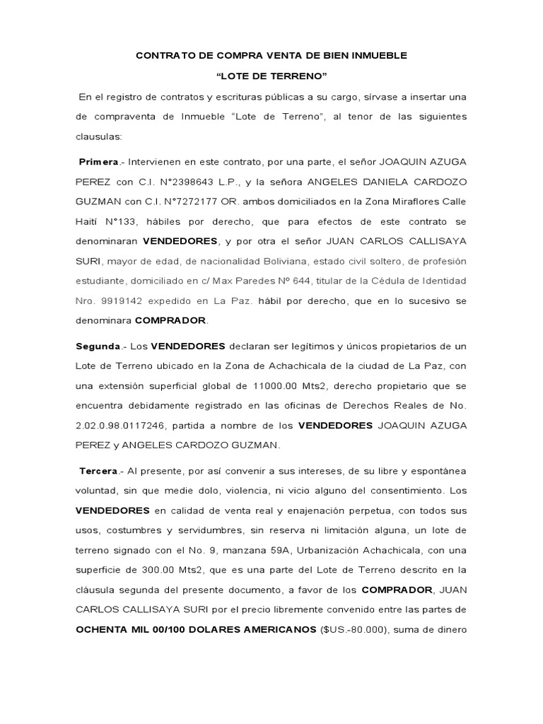 Contrato de Compra Venta de Bien Inmueble | PDF | Derecho contractual | Consentimiento